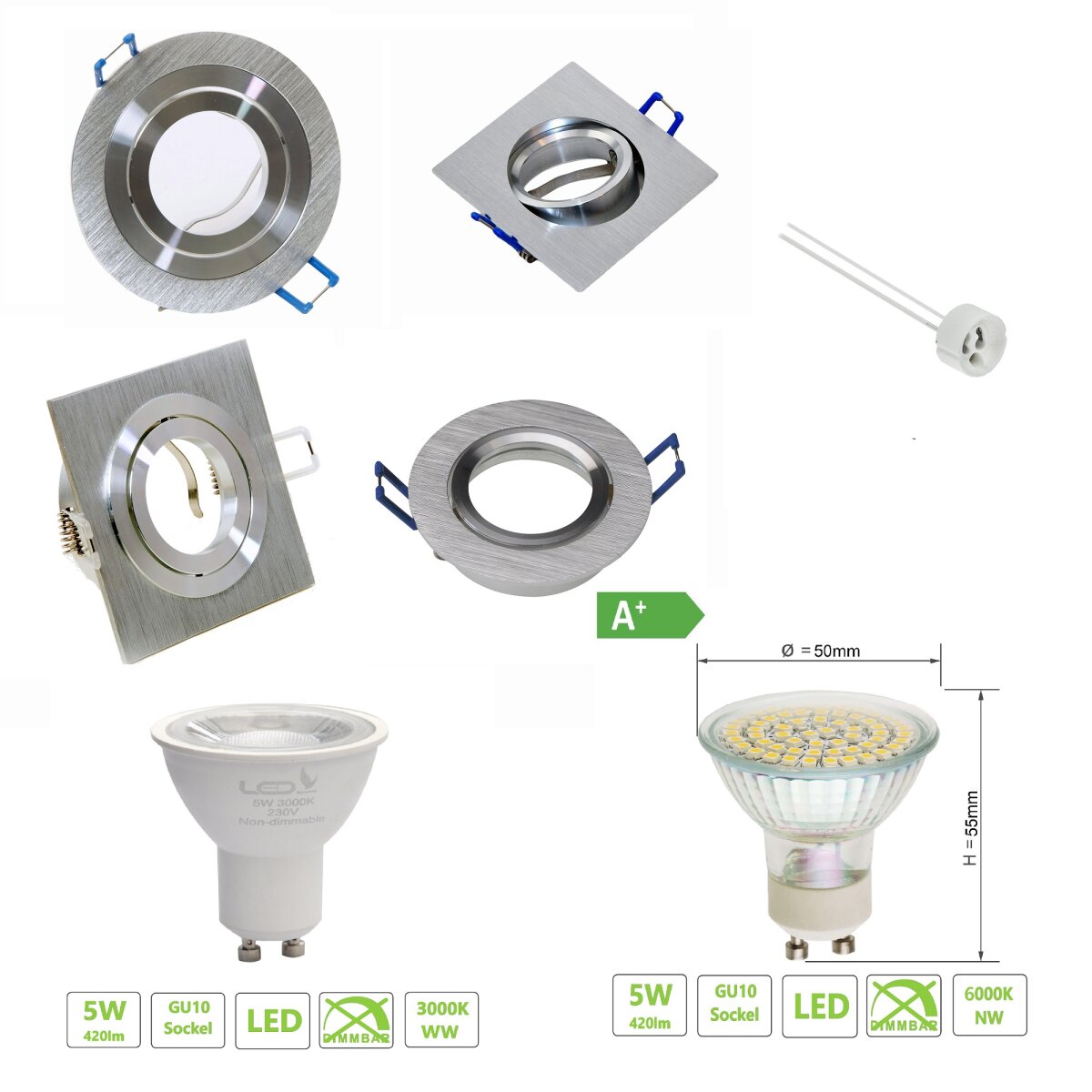 Einbaurahmen Schwenkbar GU10 Fassung GU10-LED Leuchtmittel | LEDSchwa